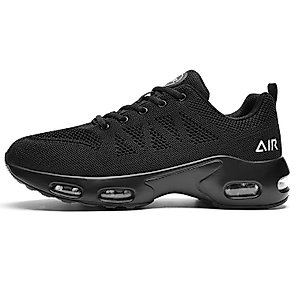 Quseek Men's Air Running Shoes Athletic Tennis Walking Sneakers Breathable Non-Slip Lace-up Sports Shoes for Fitness Jogging Working Black Size 10.5