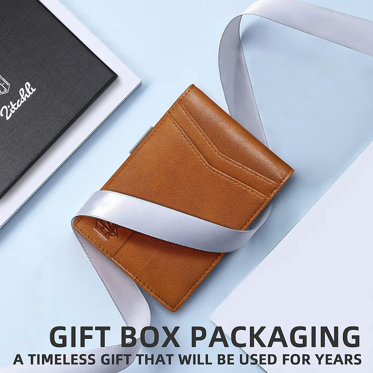 Zitahli Slim Wallet for Men Gifts 12 Card Slots ID Window With Money Clip Minimalist RFID Front Pocket Bifold Leather Small Thin Gift Box Dad Birthday Christmas Regalos Hombres