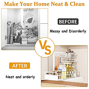 Ozzptuu Under Sink Organizers and Storage, Organizer Kitchen Bathroom Storage with Sliding Drawer 2 Metal Baskets 4 Hooks for Home Kitchen, New White-1 (ASDF1881)