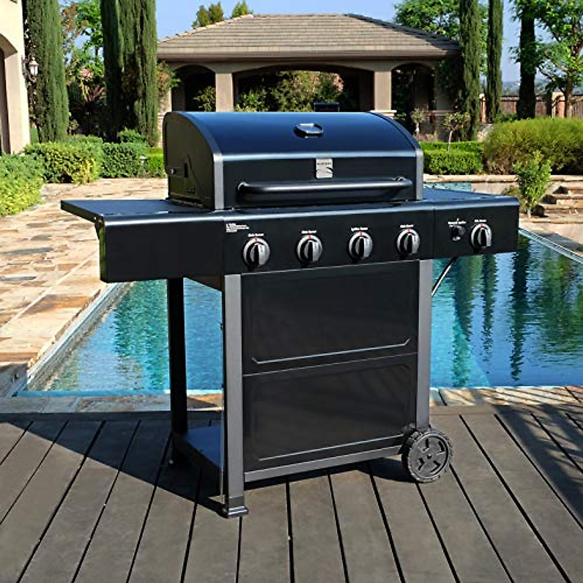Kenmore PG-A40406S0L-1 BBQ Grill | 4-Burner Outdoor Barbecue Liquid Propane BBQ Gas Grill with Side Burner and Side Tables, 53000 BTU, Open Cart, Black