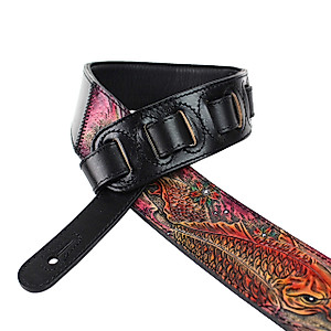 Walker And Williams KB-21 Black & Magenta Carved Grain Leather Strap W/Fire Koi Design