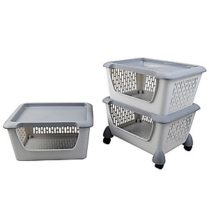 Vcansay 3 Packs Plastic Stacking Storage Basket, Large Stacking Bins with Wheels, Gray