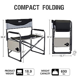 PORTAL 27.6 Inch Extra Wide Directors Foldable XXL Folding Chair with Side Table for Outdoors and Indoors, Heavy Duty Supports 600 LBS, Black/Grey