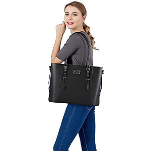 MOSISO PU Leather Laptop Tote Bag for Women (13-13.3 inch), Waterproof Large Capacity Business Work Briefcase Shoulder Laptop Bag, Black