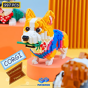 FunBlocks Mini Building Blocks Animal Set, DIY Micro 3D Building Toy Bricks (Corgi 997pcs)