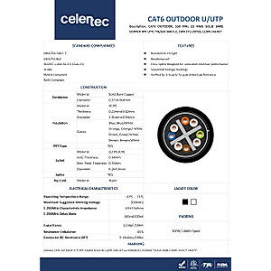 celertec CAT6 Outdoor Cable, 500ft, 23AWG Solid Bare Copper, Unshielded Twisted Pair (UTP), UV Resistant, Weatherproof, CMX, ETL Listed, 550MHz, Bulk Ethernet Cable, Wooden Spool- Black