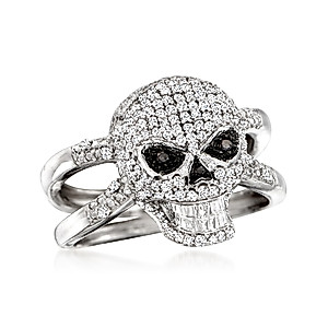 Ross-Simons 0.50 ct. t.w. Black and White Diamond Skull Ring in Sterling Silver. Size 5
