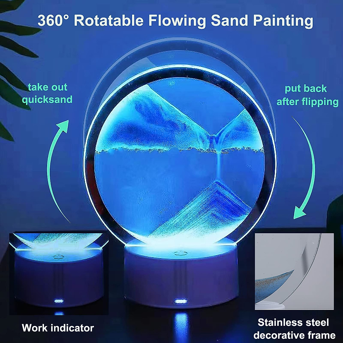 Desniltol 3d Moving Sand Art Picture Desk Lamp, 360° Rotating Hourglass Lights, RGB Color Changing Table Lamp,Sand Art Liquid Motion Colorful Creative Sea 3d Glass Quicksand Painting Night Light(Blue)