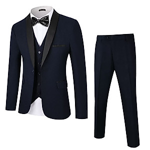 WEEN CHARM Men's Slim Fit 3 Piece Tuxedo Suit One Button Shawl Lapel Blazer Jacket Vest Pants Set Blue
