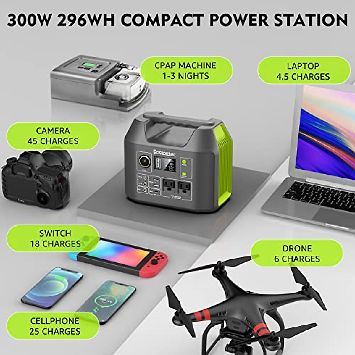 Portable Power Station 300W EnginStar Solar Generators 80000mAh Power Bank 296Wh Battery Pack w/110V Pure Sine Wave AC Outlet for CPAP Camping Outdoors Travel Hunting Emergency Power Supply