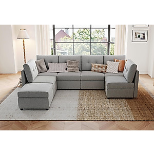 LINSY HOME Oversized Modular Couch, Rubik III 6 Seats with Ottoman Convertible U Shaped Sectional Sleeper Sofa with Storage, All Covers Changeable Washable, Grey