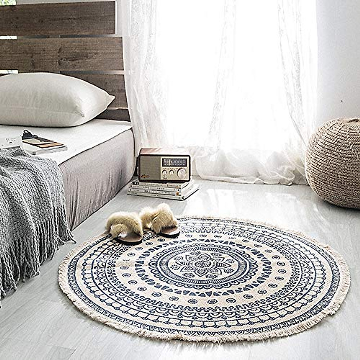 Poowe Round Cotton Rug Woven Tassel Throw Rug Washable Area Rug for Living Room Bedroom Kitchen Bathroom (Vintage)