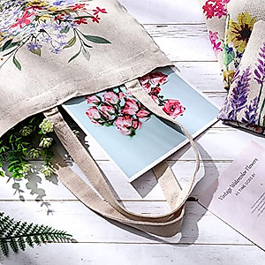4 Pieces Reusable Tote Bags Canvas Tote Bags Canvas Reusable Shopping Bags Makeup Bags for Girls Women (Flower Style)