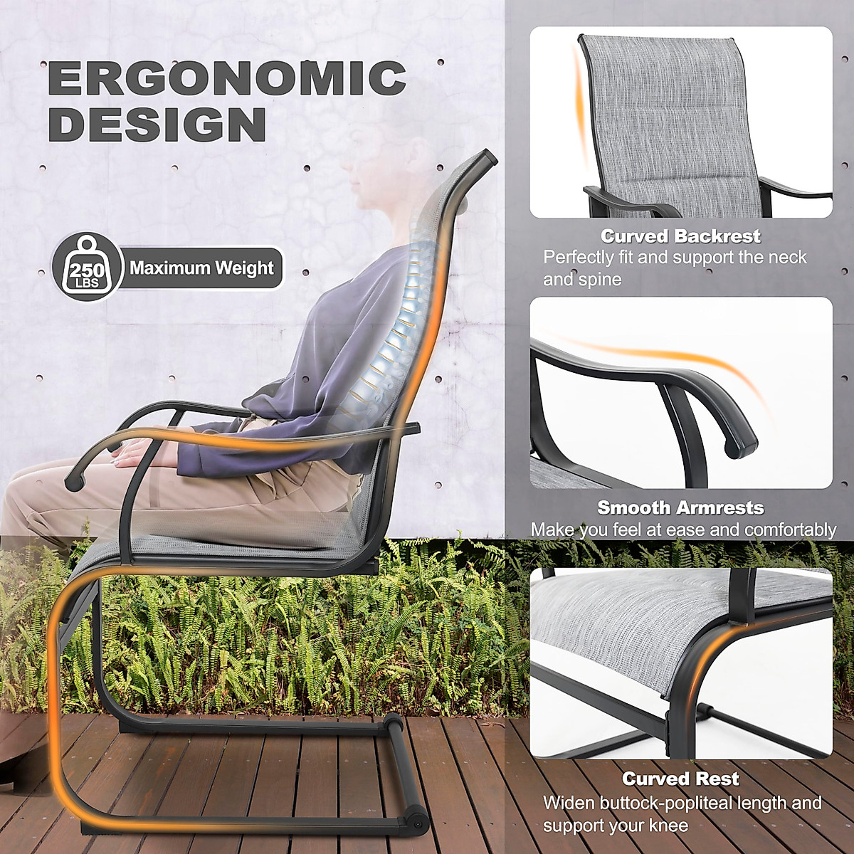 NUU GARDEN Outdoor Patio Dining Chairs Set of 2, Padded Textilene High Back Patio Chairs,All Weather Breathable Spring Motion Textile Outdoor Dining Chairs for Backyard,Deck, Lawn, Grey