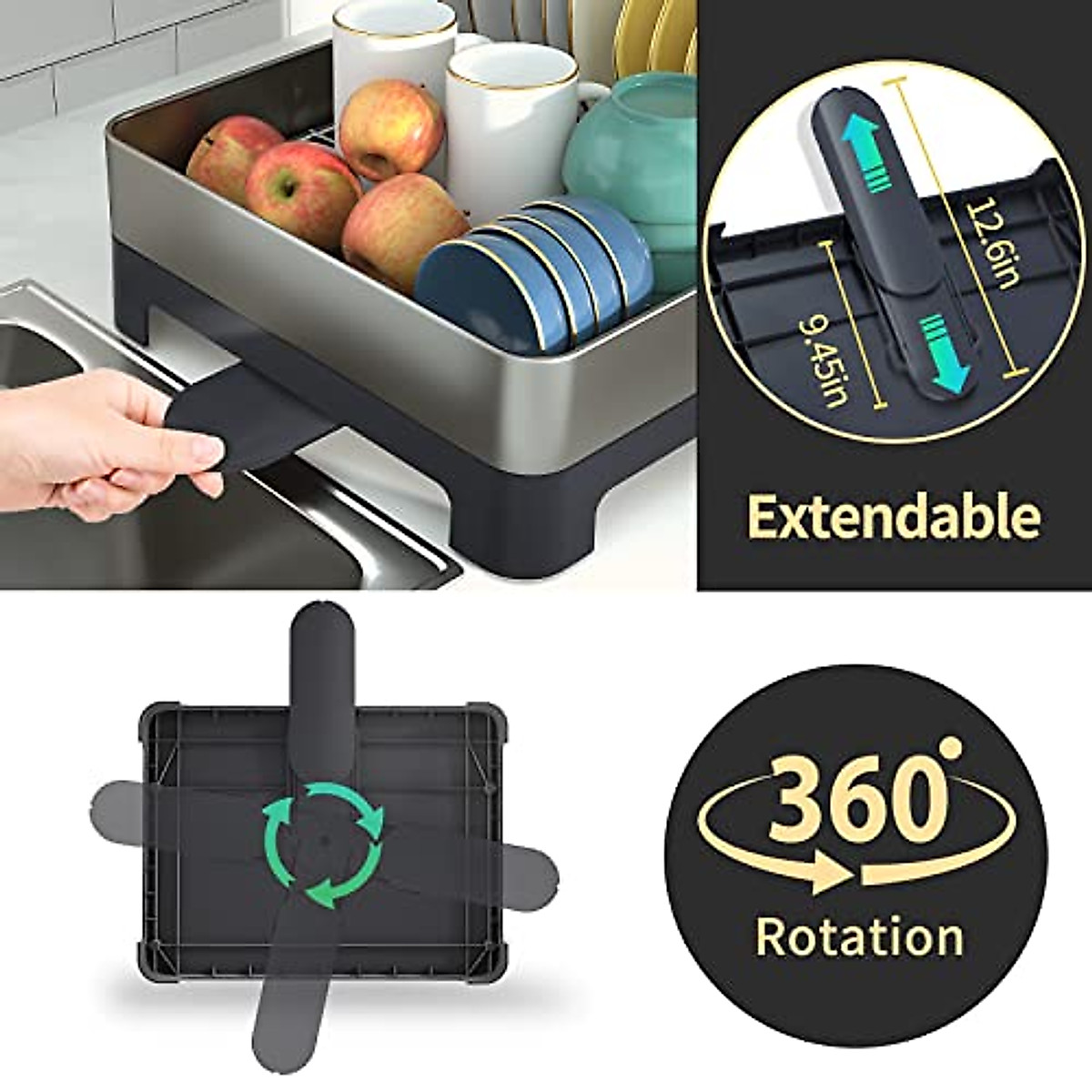 Genteen Large Dish Drying Rack, Dish Rack for Kitchen Counter, Stainless Steel Dish Drainers with Drainboard, Rotatable Spout and Utensil Holder - Black