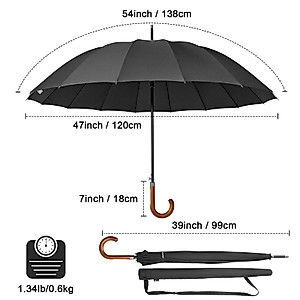 G4Free 54 Inch Large Windproof Umbrella for 2 Persons, 16 Ribs Auto Open Classic Wooden J Handle Cane Stick Golf Rain Umbrellas for Men Women Travel 120cm