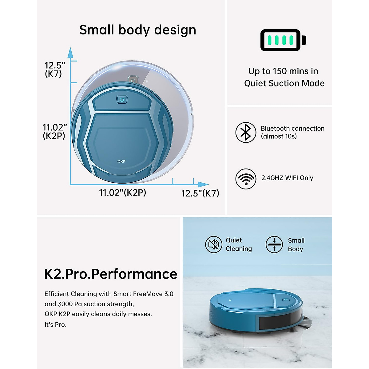OKP Robotic Vacuum Cleaner, WiFi/App/Alexa, Robot Vacuum Cleaner with Schedule, Accurate Obstacle Crossing, Self-Charging, Slim Design, Quiet, Perfect for Hard Floors, Pet Hair, Carpets