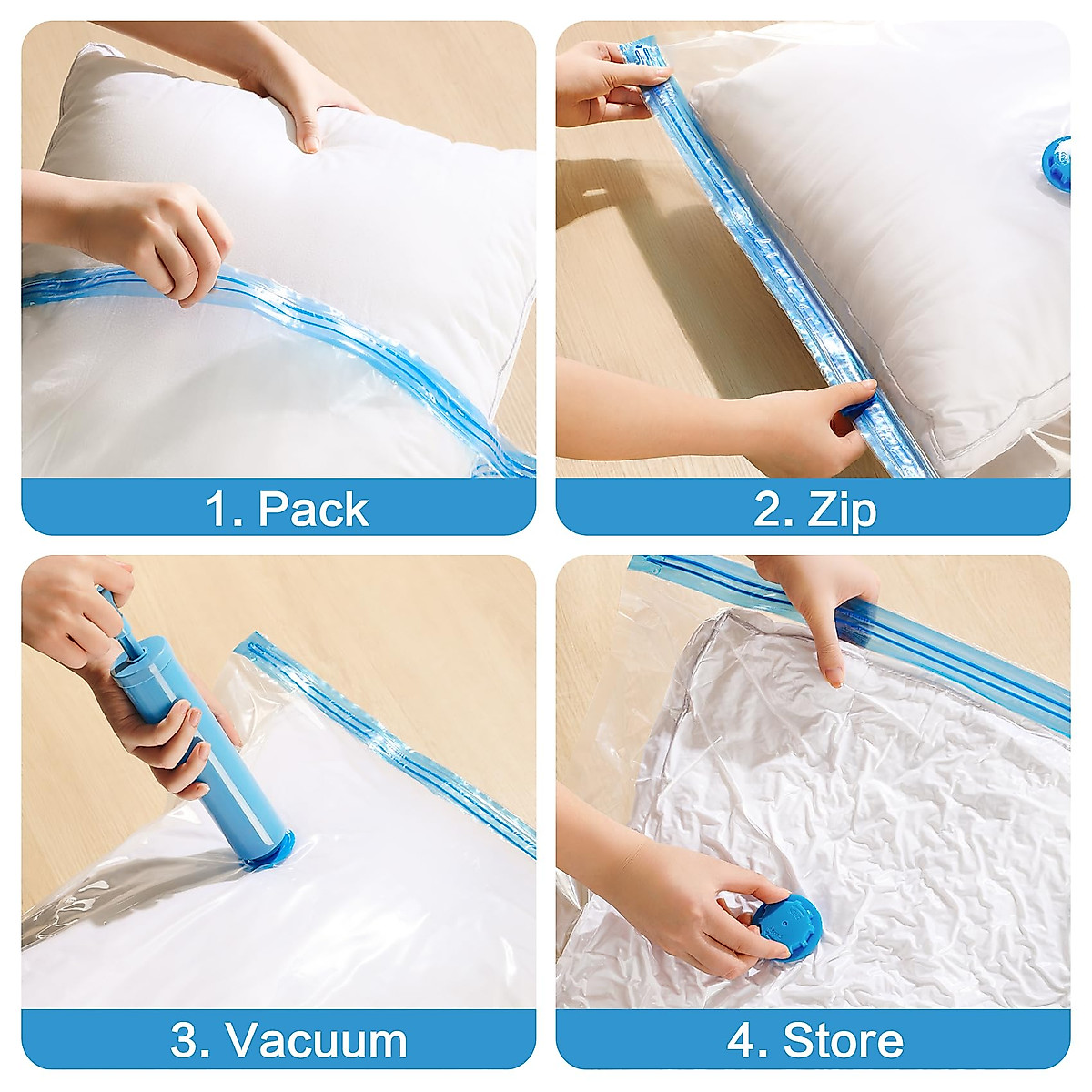 8 Pack Large Vacuum Storage Bags, Space Saver Vacuum Bags, Large Vacuum Seal Bags For Clothing, Clothes, Pillows, Comforters, Blankets, Bedding with Hand Pump