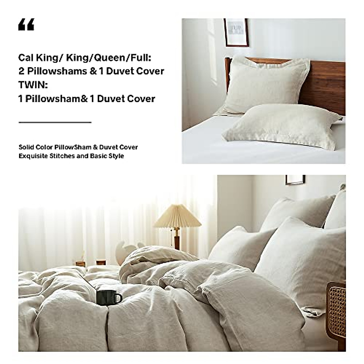 Simple&Opulence 100% Linen Duvet Cover Set with Washed-French Flax-3 Pieces Solid Color Basic Style Bedding Set-Breathable Soft Comforter Cover with 2 Pillowshams(King,Linen)
