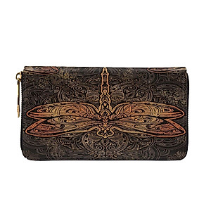 Long Handbag Purse Wristlet Bag Card Holder Wallet-Dragonfly Mandala Ethnic Tribal Leather Wallet For Women Men