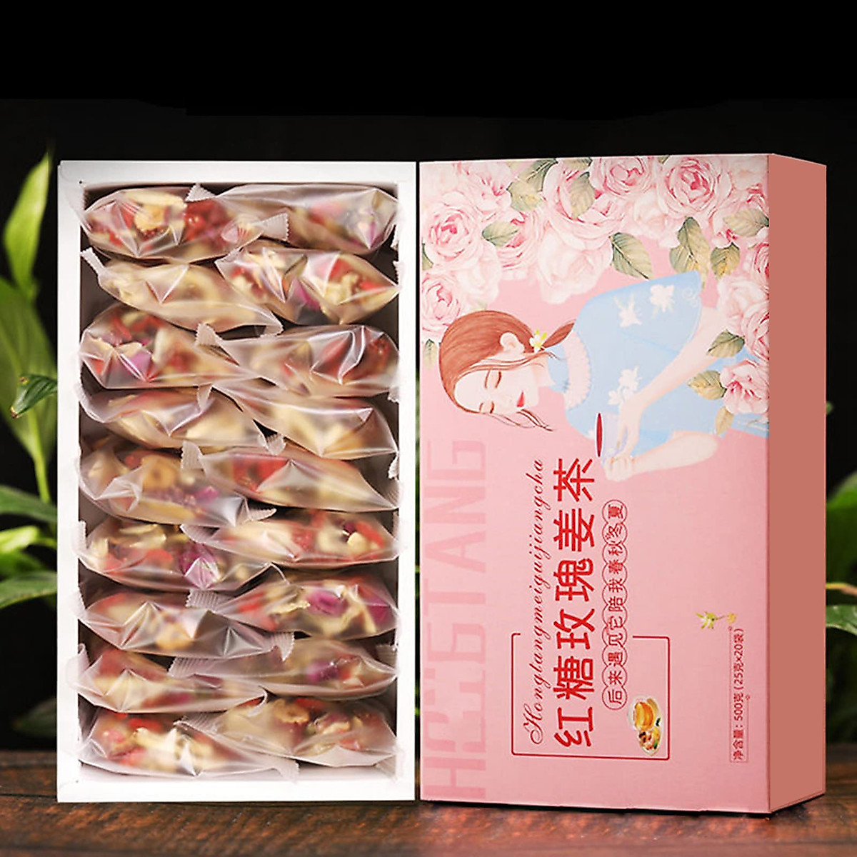 500g/17.6oz Brown Sugar Ginger Jujube Tea, with Brown Sugar Cube, Shredded Ginger, Jujube, Wolfberry, Longan, Red Rose, No Added, 20 Counts, for Women