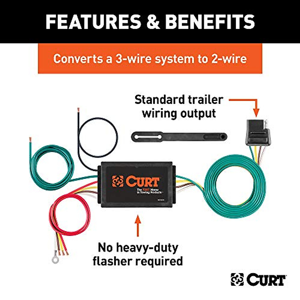CURT 59187 Powered 3-to-2-Wire Splice-in Trailer Tail Light Converter Kit, 4-Pin Wiring Harness