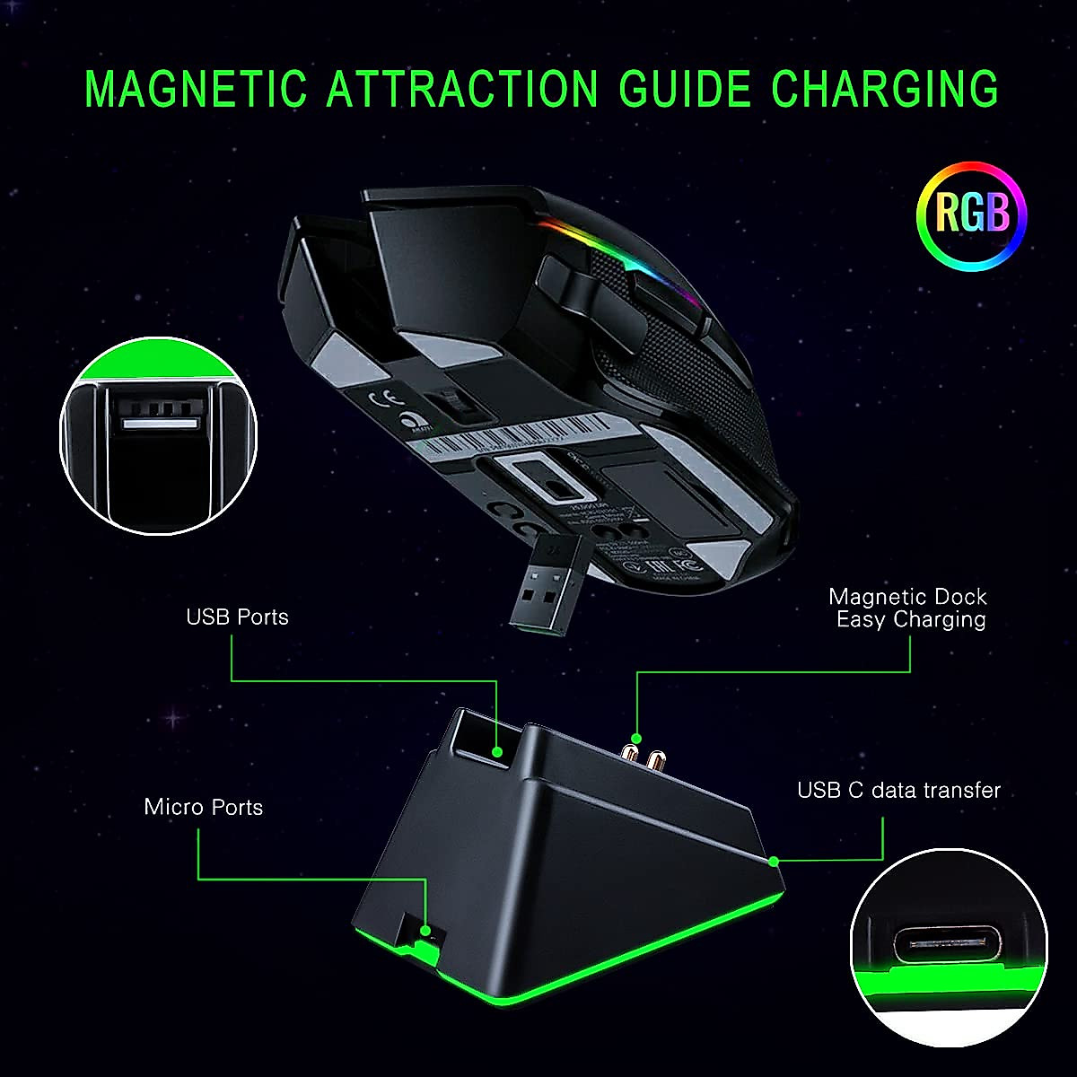 RGB Charger Dock with USB Charging Cable Compatible for Razer Basilisk/Viper Ultimate/Naga Pro/deathadder v2 Pro Mouse