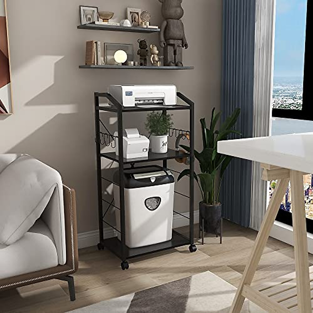 VEDECASA Large 3-Tier Mobile Printer Stand Computer Tower Stand PC Stand CPU Stand Retro Farmhouse Wood Printer Shelf for Home Office Kitchen Organizer Storage with 8 Hooks Caster Wheels (Black)