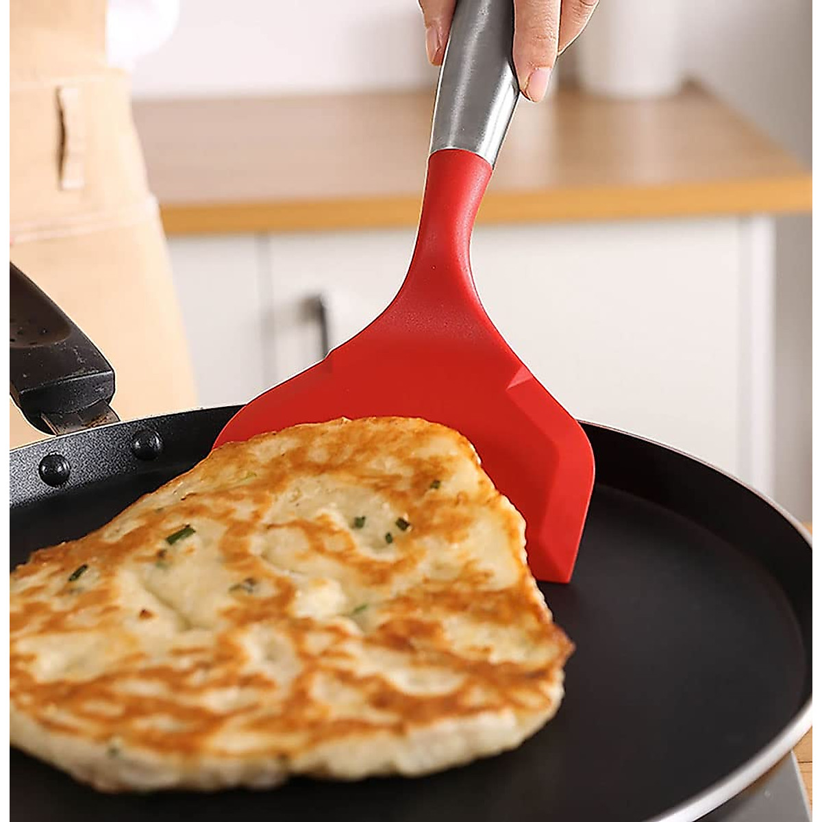 halteoly Silicone Spatula with Stainless steel Handle, Fish Spatula for Cooking Pancake Solid Turner, Nonstick Heat-Resistant Wide Flat Tamagoyaki Spatulas for Egg Tamales Pizza (Black)