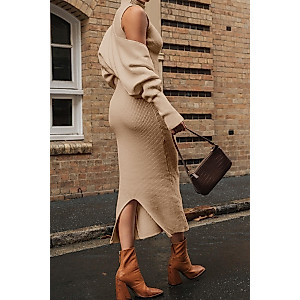 PRETTYGARDEN Womens Fall 2 Piece Outfits Bodycon Maxi Tank Pullover Sweater Dress and Long Sleeve Cropped Cardigan Knit Sets (Beige,Medium)