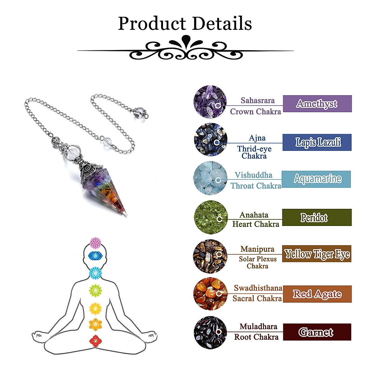 GEHECRST Natural 7 Chakra Healing Crystal Dowsing Pendulum Reiki Gemstone Chips Orgone Pendulum 6 Faceted Hexagonal Pointed Cone Resin Spiritual Pendant for Divination, Wicca, Energy Balancing