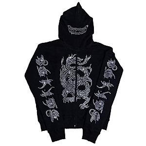 NJNJGO Womens Zip Up Skeleton Glitter Gothic Y2K Jacket, Rhinestone Punk Dark E-Girl Hooded Sweatshirt