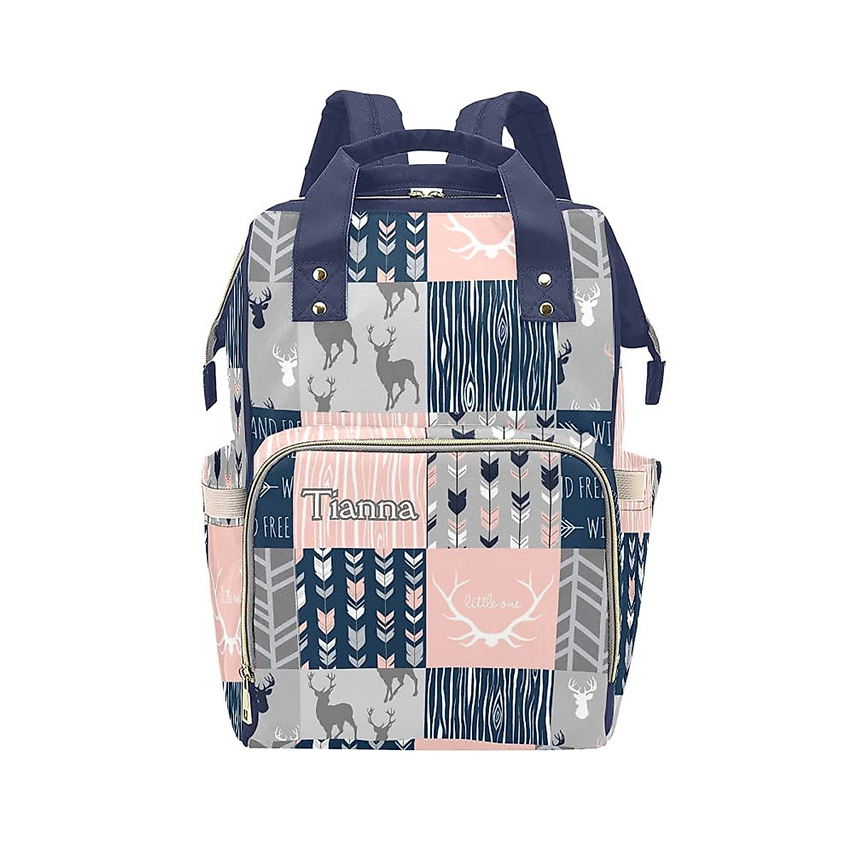 Antlers Elk Deer Feather Arrow Patchwork Blue Diaper Bags with Name Waterproof Mummy Backpack Nappy Nursing Baby Bags Gifts Tote Bag for Women