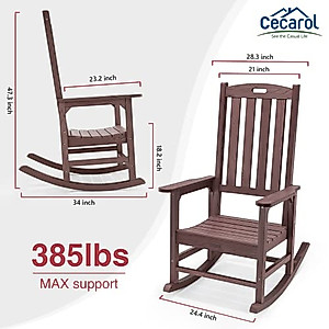 Cecarol Oversized Wood Grain Outdoor Chair, All Weather Rocking Chair Outdoor with High Back Front, Rocker Chair for Outdoor, Balcony and Porch Furniture, Coffee-PRC01