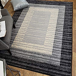 Rubber Backed Area Rug, 39 x 58 inch, Grey Border Striped, Non Slip, Kitchen Rugs and Mats