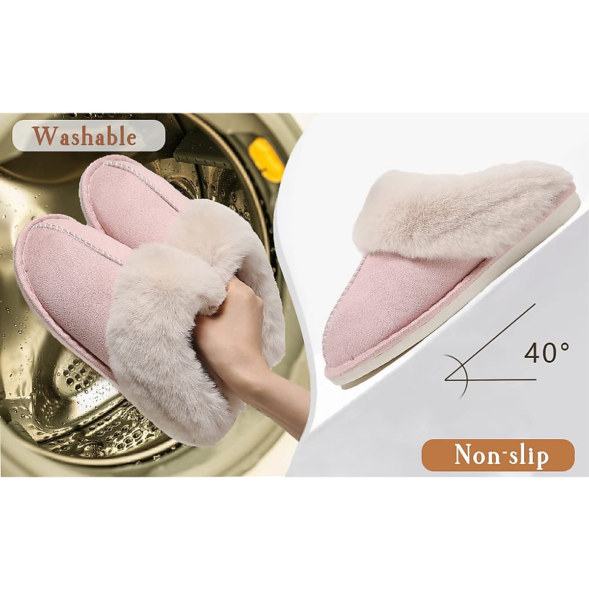 PLMOKN Women's fuzzy slippers men indoor and outdoor anti-skid rubber sole memory foam fluffy cute house bedroom pillow slides, A-pink/36-37