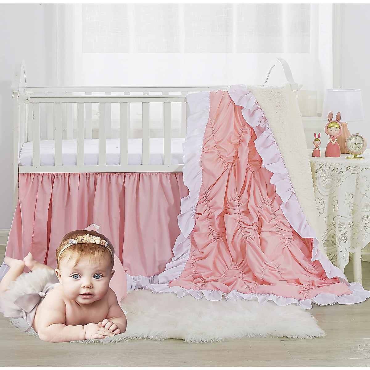 Brandream Nursery Bedding Ruffle Girls Crib Bedding Set Pink White Diamond Blanket, Fitted Sheet, Jade Pink Skirt, 3 Piece