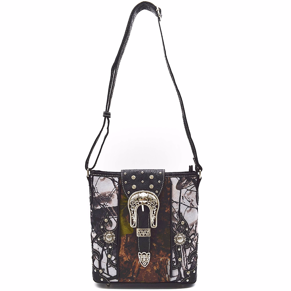 Camouflage Rhinestone Cross Pistol Buckle Western Crossbody Handbags Cowgirl Country Studded Purse Women Single Shoulder Bag (#1 Black)