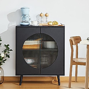 Modern Glass Sideboard Buffet Cabinet set of 2, Accent Cabinet Freestanding Kitchen Storage Cabinet Console Table with Adjustable Shelves and Pop-up Doors for Living Room, Kitchen, Hallway (Black)