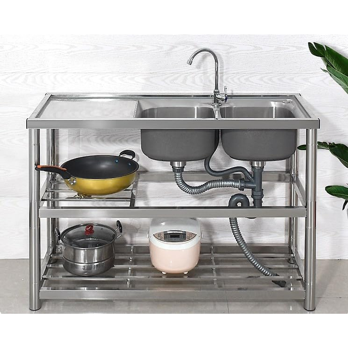 TBVECHI Commercial 304 Stainless Steel Sink 2 Compartment Free Standing Prep & Utility Sink, Large 2 Bowls Sink for Garage, Restaurant, Kitchen, Laundry Room, Outdoor (2 Compartment Sink)