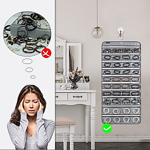 ANZORG 80 Zippered Pockets Hanging Jewelry Organizer for Holding Jewelries Dual-Sided Accessory Display Holder for Earrings Bracelets Rings (80 Zippered Pockets-Grey)