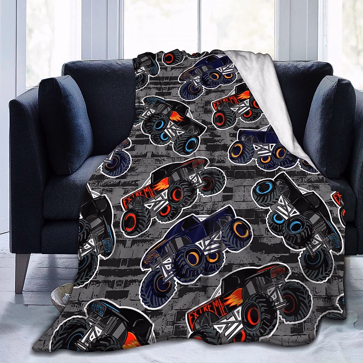 Perinsto Monster Truck Boys Style Throw Blanket Ultra Soft Warm All Season Decorative Fleece Blankets for Bed Chair Car Sofa Couch Bedroom 60"X50"