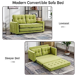 Merax 59.4" Loveseat Pull-Out Sofa Bed Modern Upholstered Couch with Side Pocket for Living Room Office,Green