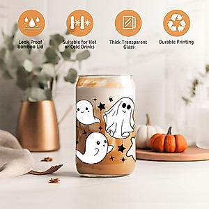 Coolife Ghost Halloween Cup, 16 oz Tumbler Glass Cups w/Lids Straws - Spooky Iced Coffee Cup, Smoothie Cup, Cute Halloween Gifts for Women, Girls, Spooky Gifts for Teens, Boys, Her