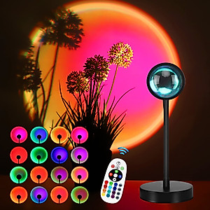 Sunset Lamp Projection, 16 Colors Sunset Lamp Multiple Colors with Remote Control, 360 Degree Rotation LED Sunset Projection Lamp Night Light with Fade Mode for Photography/Party/Home/Decor