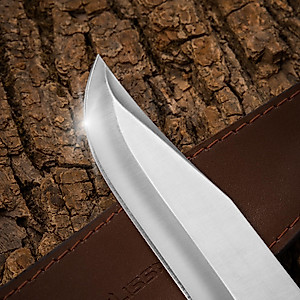 FLISSA 14-inch Bowie Knife, Full-tang Fixed Blade with Wood Handle, Hunting Knife with Leather Sheath for Outdoor Survival, Camping, Hiking