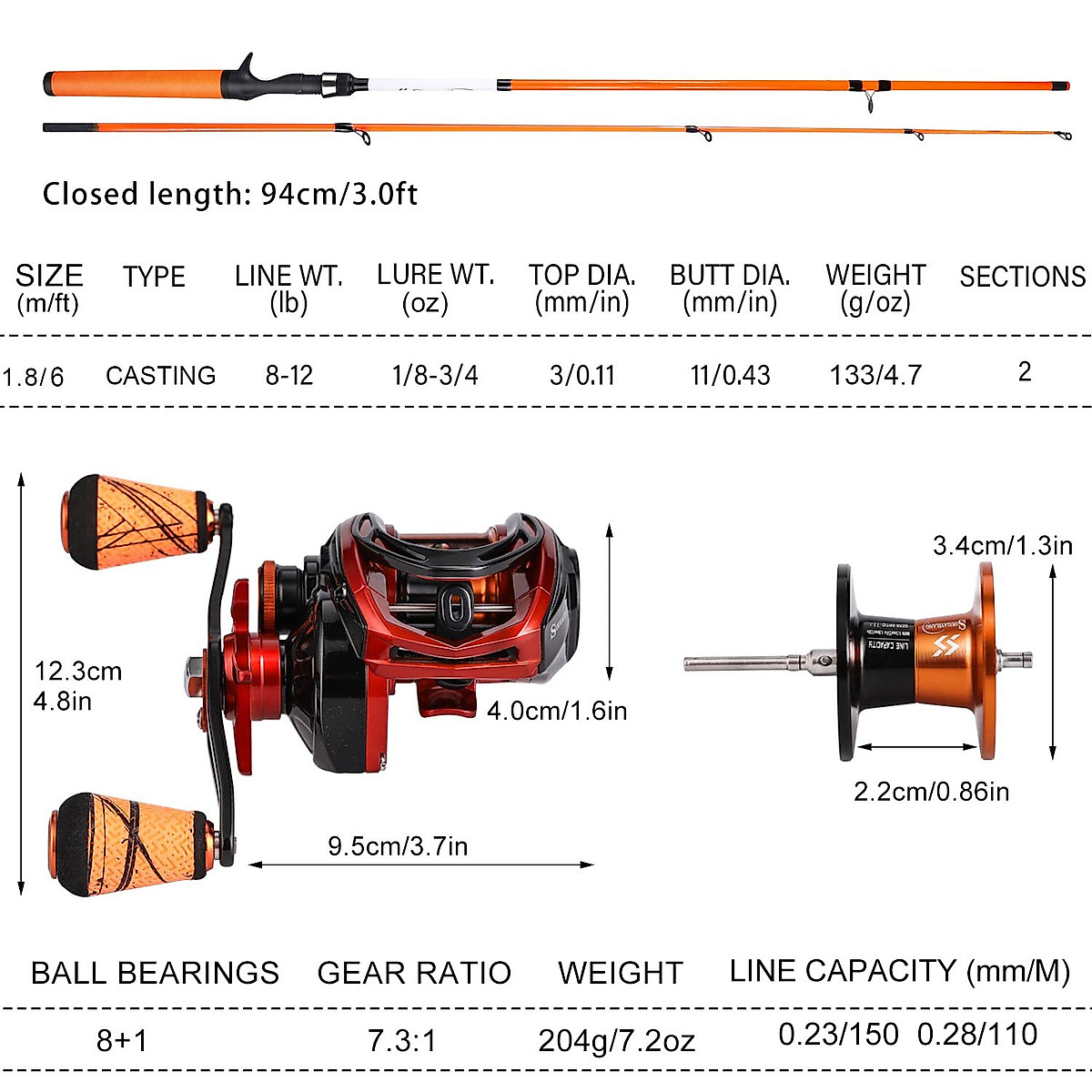 Sougayilang Fishing Rod and Reel Combo, Medium Fishing Pole with Casting Reel, Baitcaster Combo, SuperPolymer Handle-Orange-6ft with right handle reel