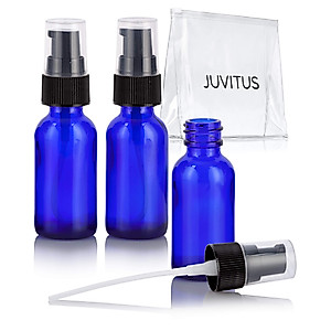 JUVITUS 1 oz / 30 ml Cobalt Blue Glass Boston Round Bottle with Black Treatment Pump (3 Pack) + Clear Travel Bag
