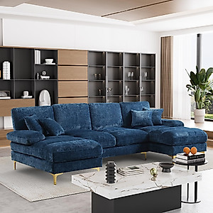 OUYESSIR Chenille U-Shaped Sectional Sofa Couch, 4 Seat Sofa Set for Living Room with 4 Pillows, 114" L-Shaped Chenille Sleeper Couch Set with Double Chaise Lounge (Blue)