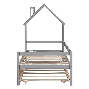 Twin Platform Bed with Trundle, Wooden House-Shaped Headboard Bed with Guardrails, Daybed Frame with Sturdy Slat Support for Kids Boys Girls Bedroom (Grey 06)